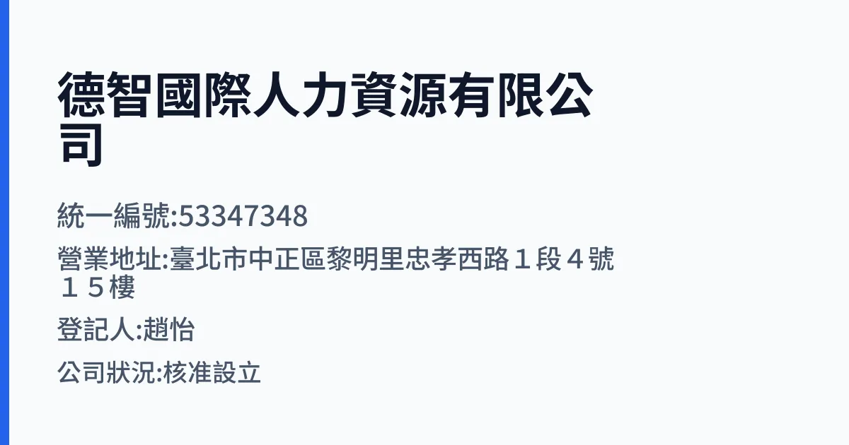 德智國際人力資源有限公司 - 統編 53347348(臺北市) 公司登記資料與營業項目詳細圖表