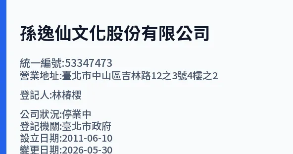 孫逸仙文化股份有限公司的照片-統編 53347473(臺北市) 公司登記資料與營業項目詳細圖表