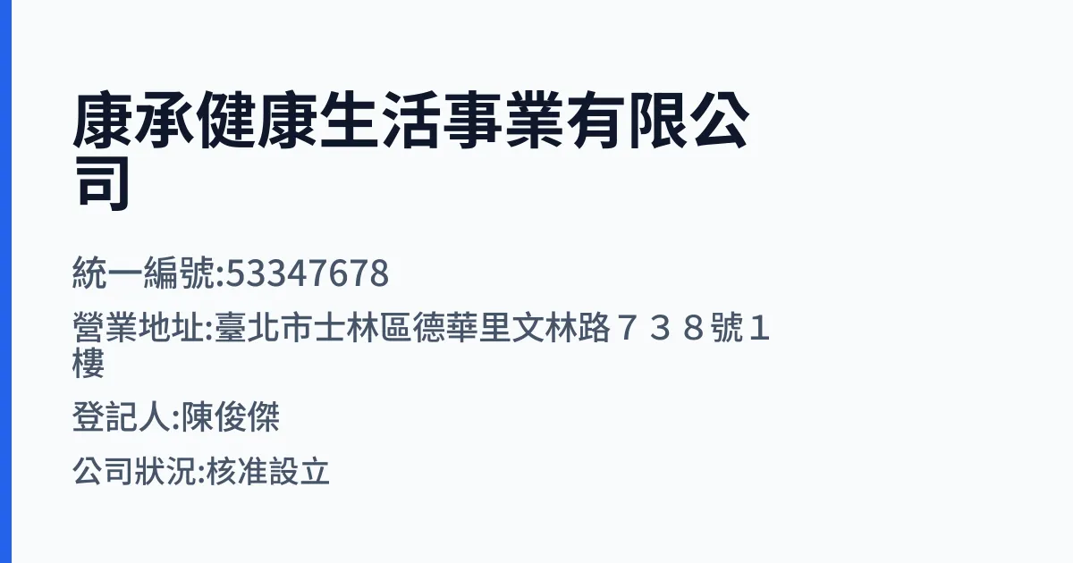 康承健康生活事業有限公司 - 統編 53347678(臺北市) 公司登記資料與營業項目詳細圖表