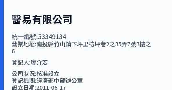 醫易有限公司的照片-統編 53349134(南投縣) 公司登記資料與營業項目詳細圖表