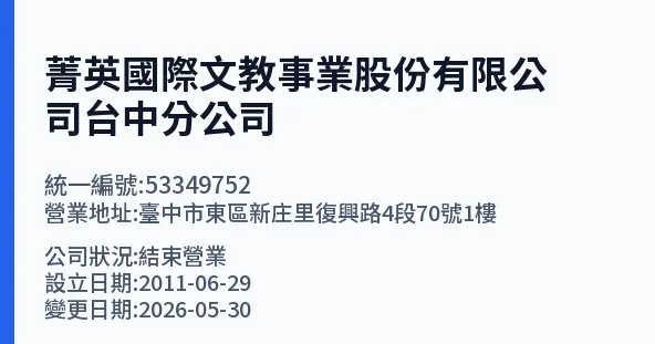 菁英國際文教事業股份有限公司台中分公司的照片-統編 53349752(臺中市) 公司登記資料與營業項目詳細圖表
