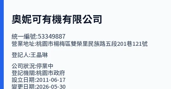 奧妮可有機有限公司的照片-統編 53349887(桃園市) 公司登記資料與營業項目詳細圖表