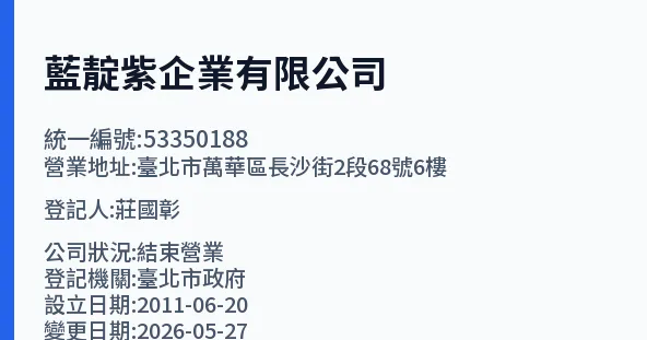 藍靛紫企業有限公司的照片-統編 53350188(臺北市) 公司登記資料與營業項目詳細圖表