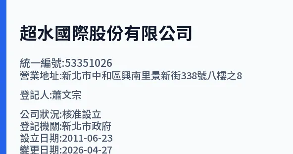 超水國際股份有限公司的照片-統編 53351026(新北市) 公司登記資料與營業項目詳細圖表