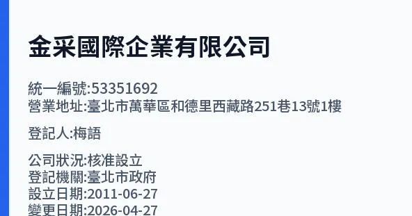 金采國際企業有限公司的照片-統編 53351692(臺北市) 公司登記資料與營業項目詳細圖表