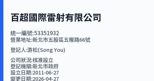百超國際雷射有限公司的照片-統編 53351932(新北市) 公司登記資料與營業項目詳細圖表