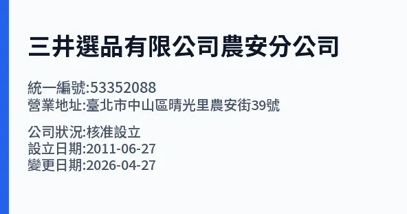 三井選品有限公司農安分公司的照片-統編 53352088(臺北市) 公司登記資料與營業項目詳細圖表
