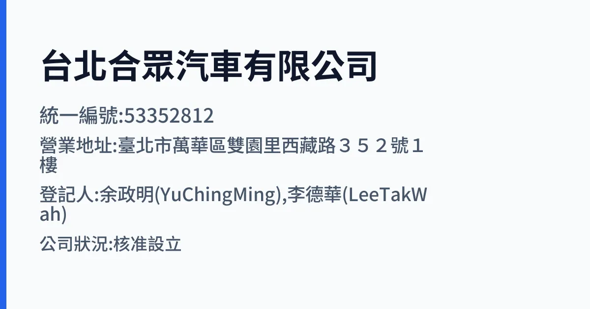 台北合眾汽車有限公司 - 統編 53352812(臺北市) 公司登記資料與營業項目詳細圖表