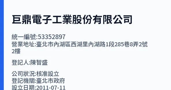 巨鼎電子工業股份有限公司的照片-統編 53352897(臺北市) 公司登記資料與營業項目詳細圖表