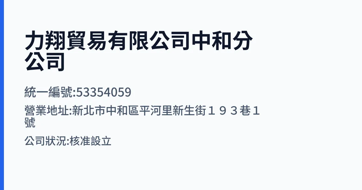力翔貿易有限公司中和分公司 - 統編 53354059(新北市) 公司登記資料與營業項目詳細圖表