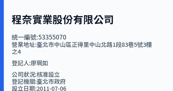 程奈實業股份有限公司的照片-統編 53355070(臺北市) 公司登記資料與營業項目詳細圖表