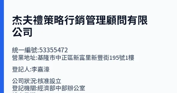 杰夫禮策略行銷管理顧問有限公司的照片-統編 53355472(基隆市) 公司登記資料與營業項目詳細圖表