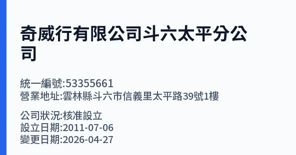 奇威行有限公司斗六太平分公司的照片-統編 53355661(雲林縣) 公司登記資料與營業項目詳細圖表