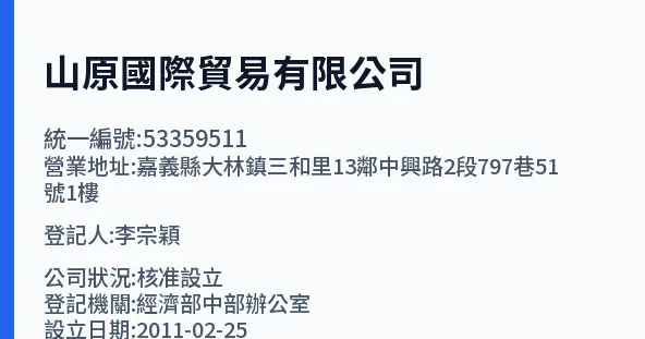 山原國際貿易有限公司的照片-統編 53359511(嘉義縣) 公司登記資料與營業項目詳細圖表