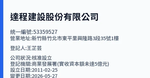 達程建設股份有限公司的照片-統編 53359527(新竹縣) 公司登記資料與營業項目詳細圖表