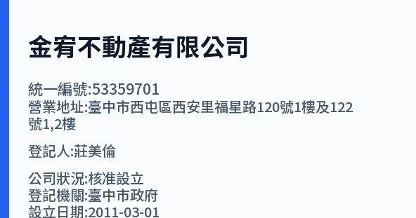 金宥不動產有限公司的照片-統編 53359701(臺中市) 公司登記資料與營業項目詳細圖表