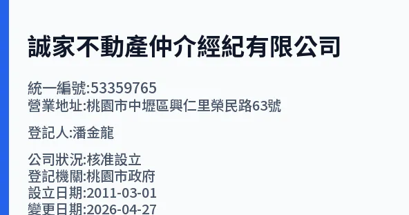 誠家不動產仲介經紀有限公司的照片-統編 53359765(桃園市) 公司登記資料與營業項目詳細圖表