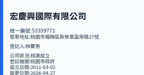 宏慶興國際有限公司的照片-統編 53359771(桃園市) 公司登記資料與營業項目詳細圖表