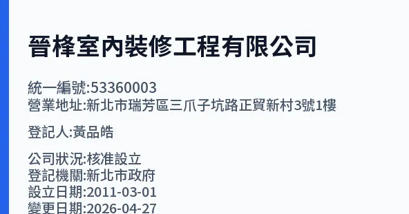晉桻室內裝修工程有限公司的照片-統編 53360003(新北市) 公司登記資料與營業項目詳細圖表
