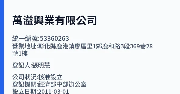 萬溢興業有限公司的照片-統編 53360263(彰化縣) 公司登記資料與營業項目詳細圖表