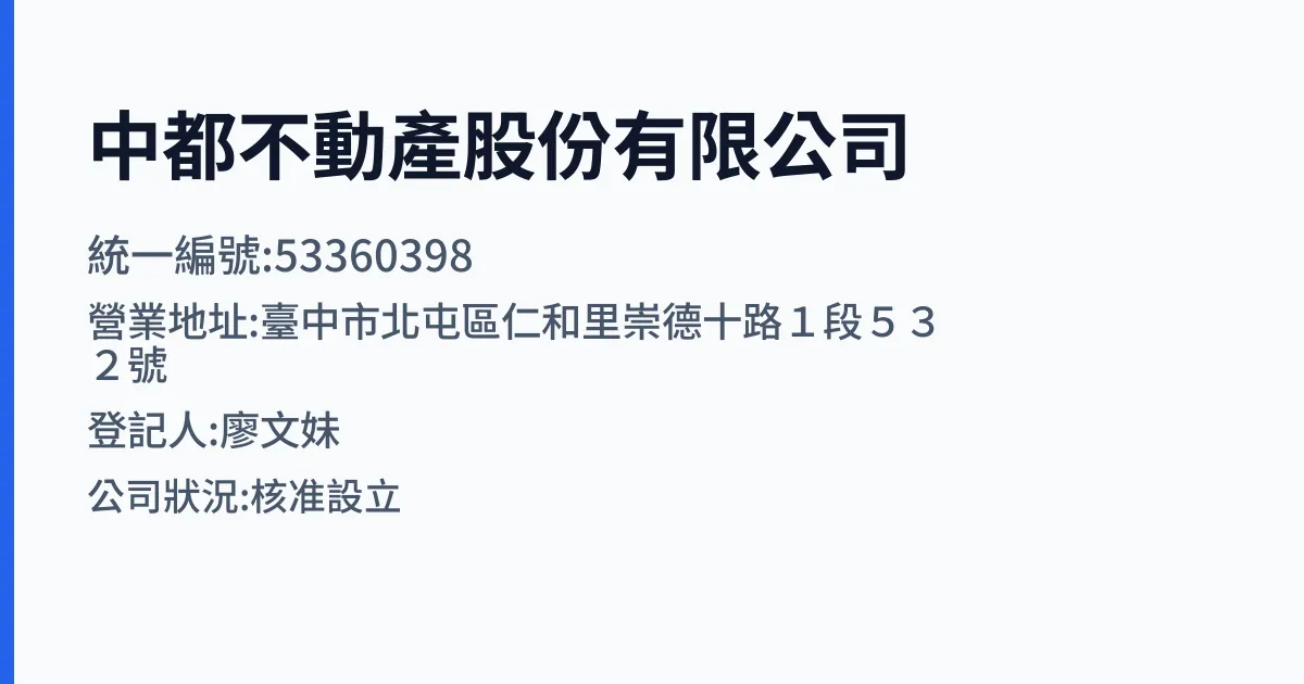 中都不動產股份有限公司 - 統編 53360398(臺中市) 公司登記資料與營業項目詳細圖表