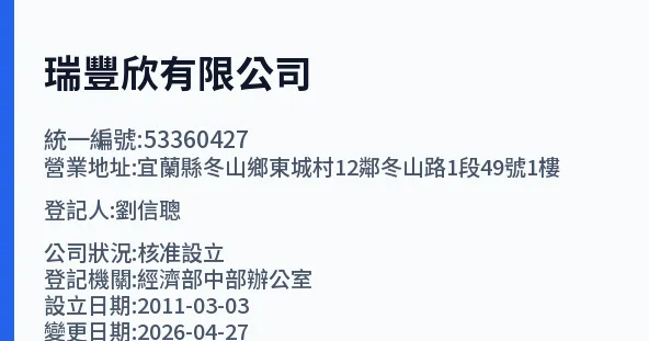瑞豐欣有限公司的照片-統編 53360427(宜蘭縣) 公司登記資料與營業項目詳細圖表