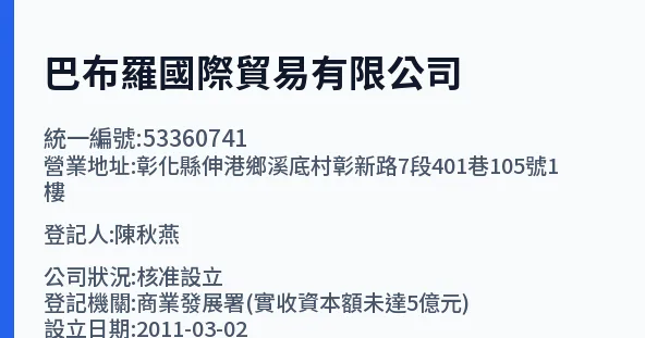 巴布羅國際貿易有限公司的照片-統編 53360741(彰化縣) 公司登記資料與營業項目詳細圖表