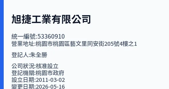 旭捷工業有限公司的照片-統編 53360910(桃園市) 公司登記資料與營業項目詳細圖表