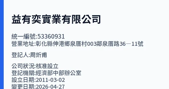 益有奕實業有限公司的照片-統編 53360931(彰化縣) 公司登記資料與營業項目詳細圖表