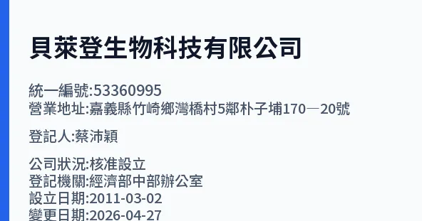 貝萊登生物科技有限公司的照片-統編 53360995(嘉義縣) 公司登記資料與營業項目詳細圖表