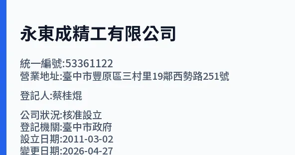 永東成精工有限公司的照片-統編 53361122(臺中市) 公司登記資料與營業項目詳細圖表