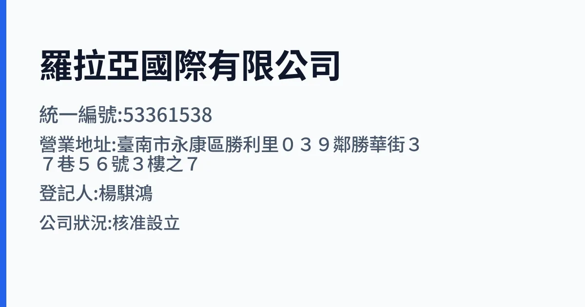羅拉亞國際有限公司 - 統編 53361538(臺南市) 公司登記資料與營業項目詳細圖表