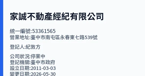 家誠不動產經紀有限公司的照片-統編 53361565(臺中市) 公司登記資料與營業項目詳細圖表