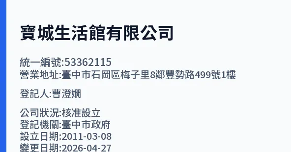 寶城生活館有限公司的照片-統編 53362115(臺中市) 公司登記資料與營業項目詳細圖表