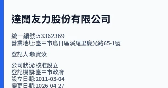 達闊友力股份有限公司的照片-統編 53362369(臺中市) 公司登記資料與營業項目詳細圖表