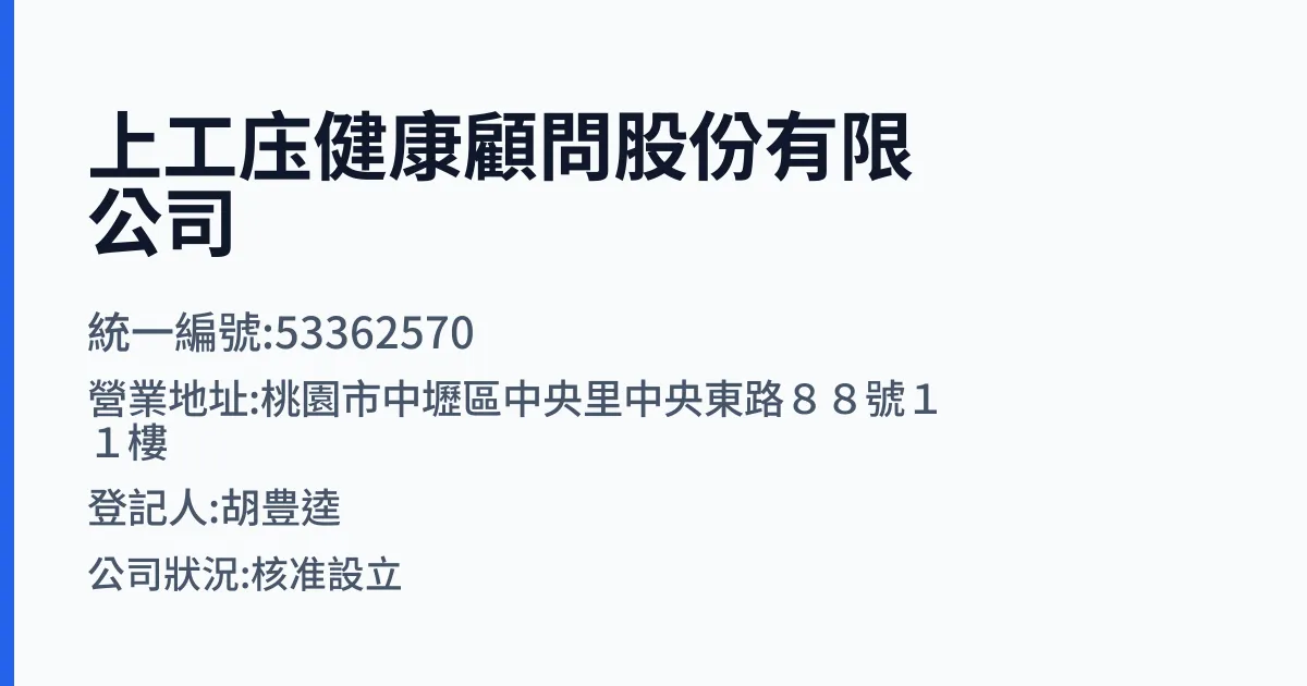 上工庒健康顧問股份有限公司 - 統編 53362570(桃園市) 公司登記資料與營業項目詳細圖表
