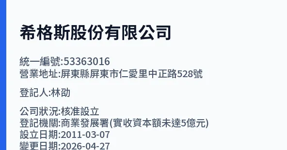 希格斯股份有限公司的照片-統編 53363016(屏東縣) 公司登記資料與營業項目詳細圖表