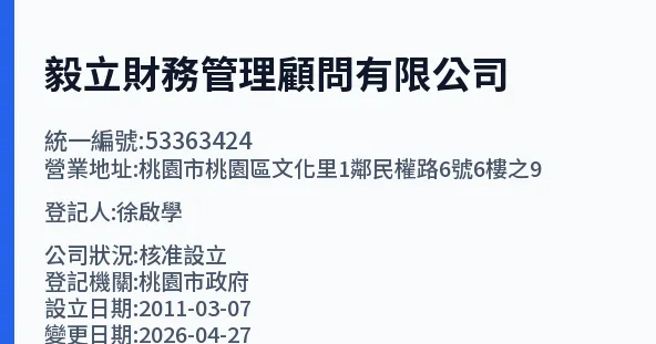毅立財務管理顧問有限公司的照片-統編 53363424(桃園市) 公司登記資料與營業項目詳細圖表