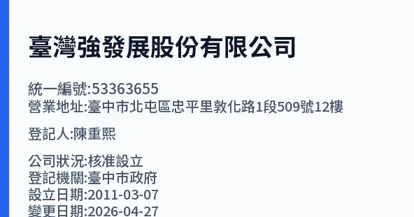 臺灣強發展股份有限公司的照片-統編 53363655(臺中市) 公司登記資料與營業項目詳細圖表