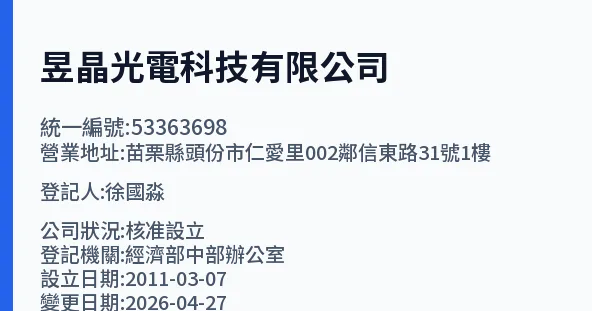 昱晶光電科技有限公司的照片-統編 53363698(苗栗縣) 公司登記資料與營業項目詳細圖表
