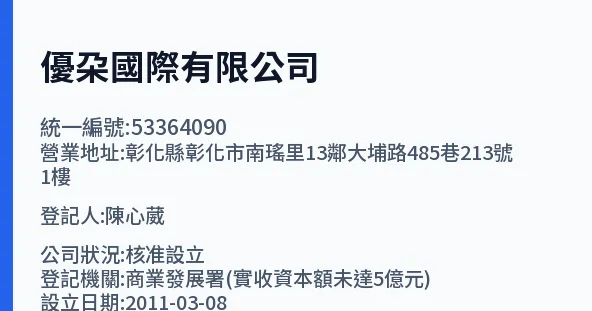 優朶國際有限公司的照片-統編 53364090(彰化縣) 公司登記資料與營業項目詳細圖表