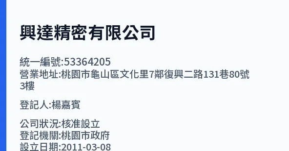 興達精密有限公司的照片-統編 53364205(桃園市) 公司登記資料與營業項目詳細圖表