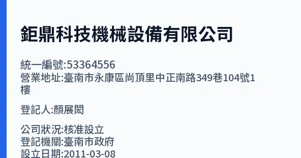 鉅鼎科技機械設備有限公司的照片-統編 53364556(臺南市) 公司登記資料與營業項目詳細圖表