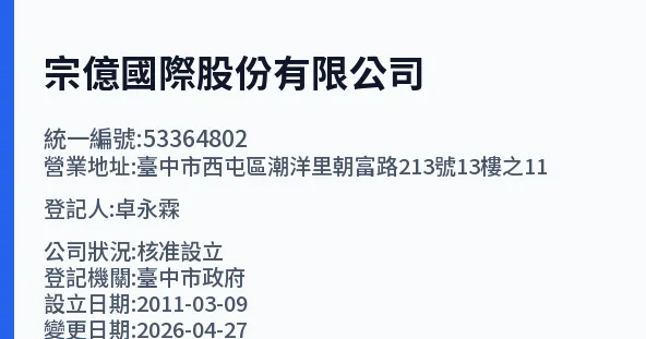 宗億國際股份有限公司的照片-統編 53364802(臺中市) 公司登記資料與營業項目詳細圖表