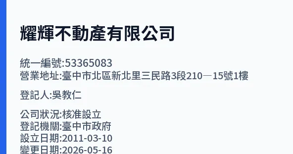 耀輝不動產有限公司的照片-統編 53365083(臺中市) 公司登記資料與營業項目詳細圖表
