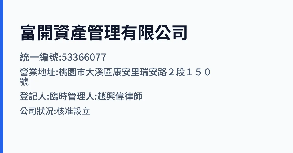 富開資產管理有限公司 - 統編 53366077(桃園市) 公司登記資料與營業項目詳細圖表