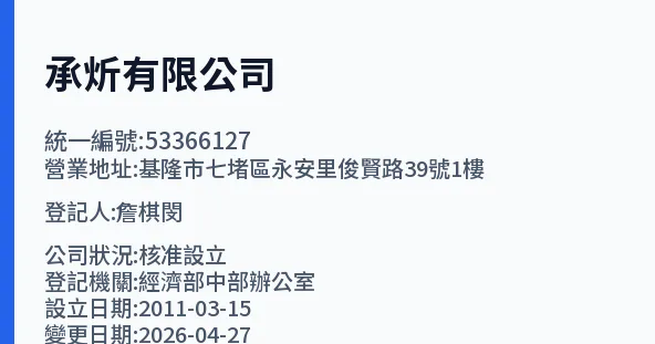 承炘有限公司的照片-統編 53366127(基隆市) 公司登記資料與營業項目詳細圖表