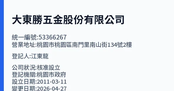 大東勝五金股份有限公司的照片-統編 53366267(桃園市) 公司登記資料與營業項目詳細圖表