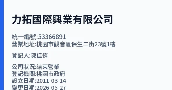力拓國際興業有限公司的照片-統編 53366891(桃園市) 公司登記資料與營業項目詳細圖表