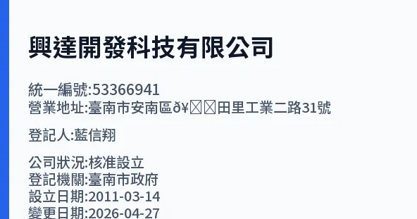 興達開發科技有限公司的照片-統編 53366941(臺南市) 公司登記資料與營業項目詳細圖表